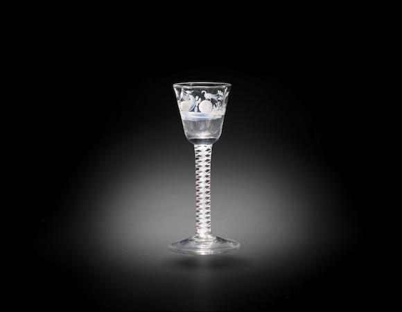 Bonhams A Beilby Enamelled Opaque Twist Wine Glass Circa 1765