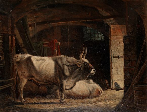 Bonhams : Charles Coleman (British, 1808-1874) Oxen in a stable