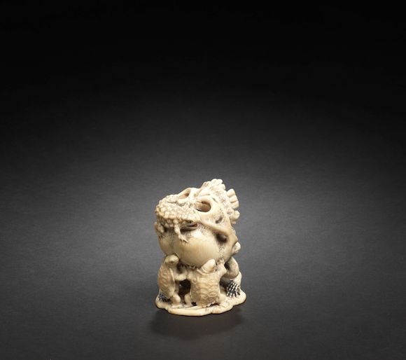 Bonhams : An ivory okimono of a skull and creatures By Shokasai, Meiji ...