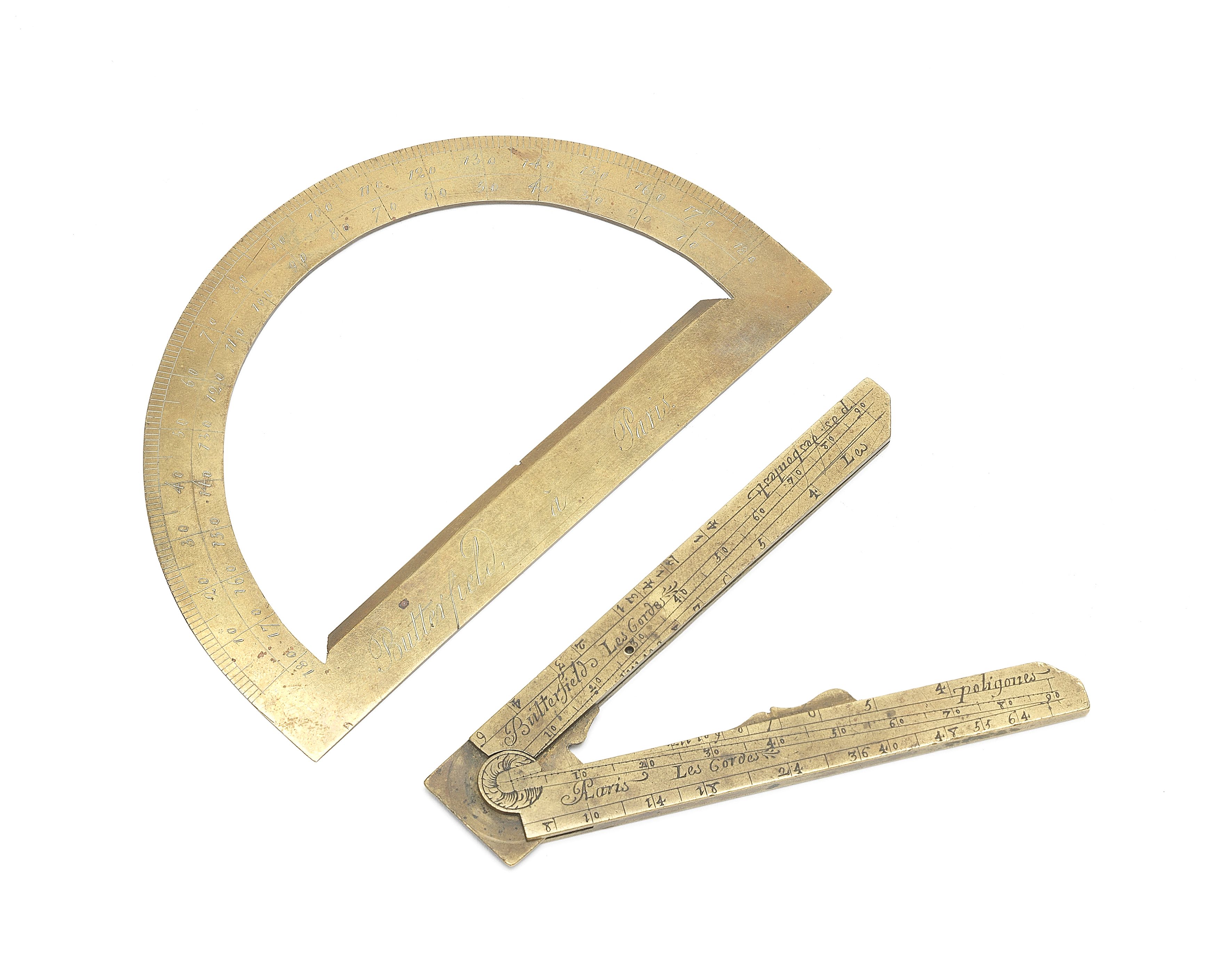 Bonhams : A Butterfield brass protractor and sector, French, early 18th ...