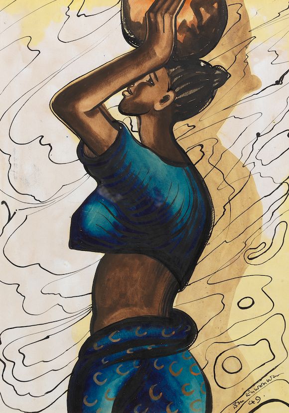 Bonhams : Benedict Chukwukadibia Enwonwu M.B.E (Nigerian, 1917-1994) Lady carrying a pot