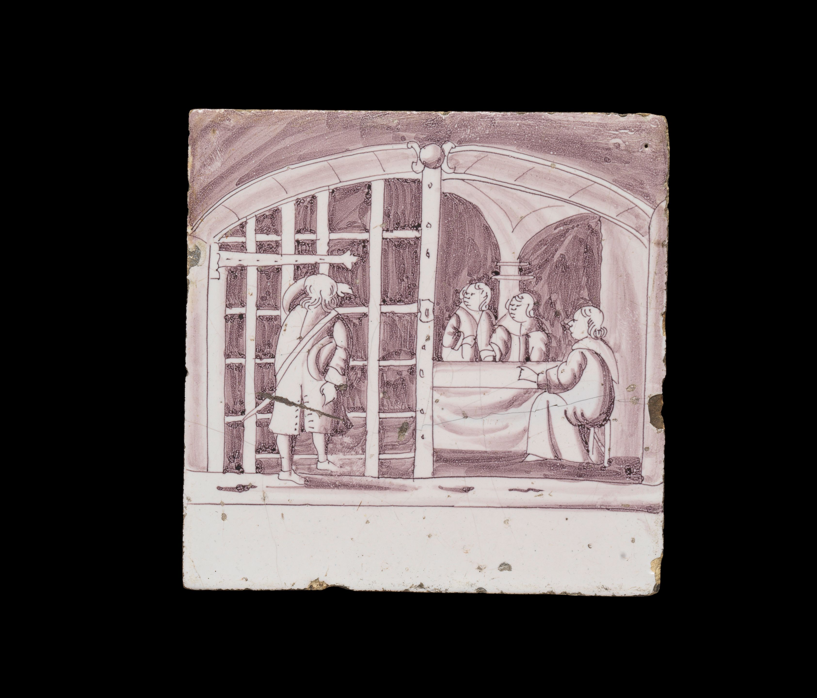 Bonhams : A rare English delftware Popish Plot tile, circa 1700