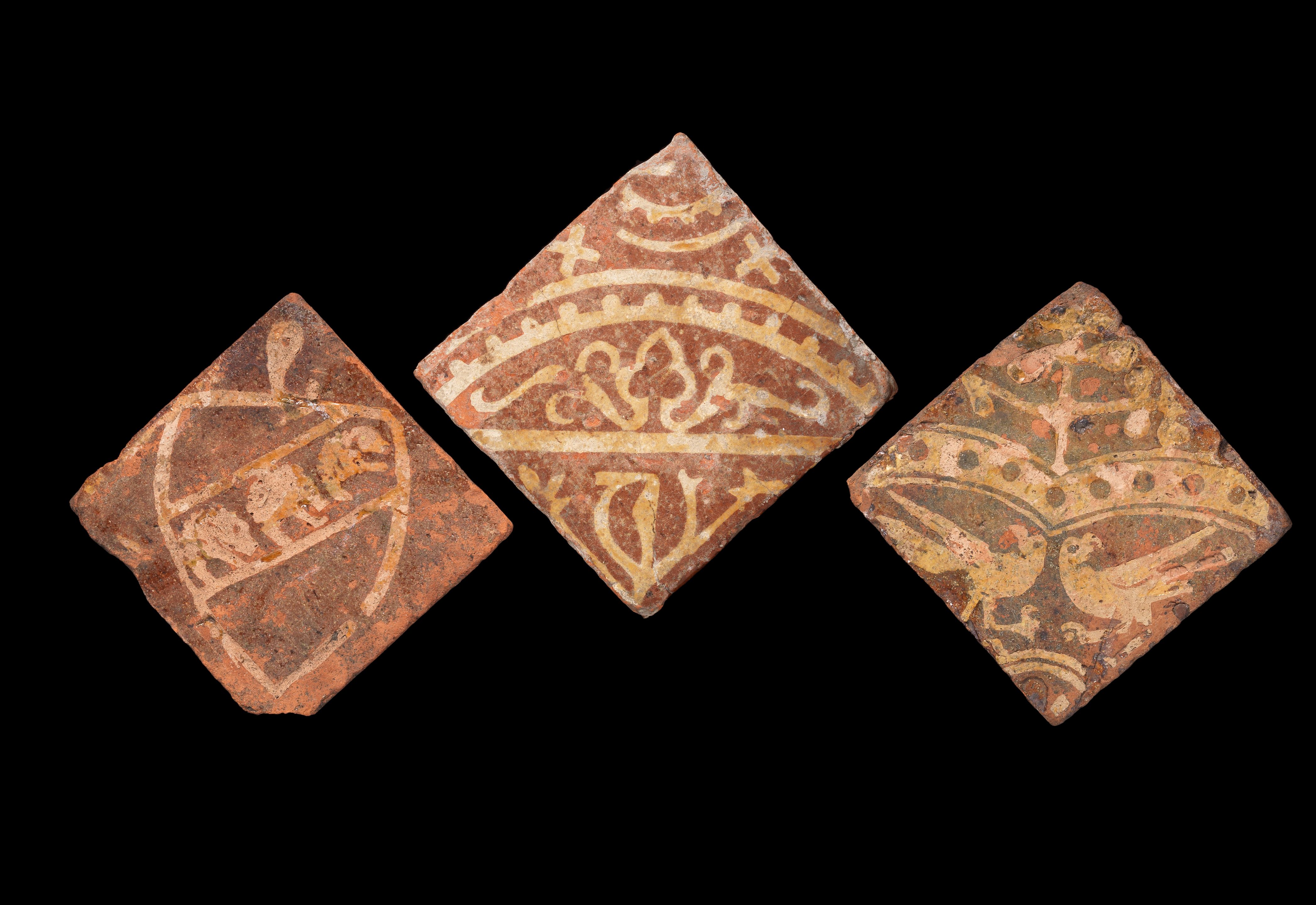 Bonhams : Three Medieval encaustic floor tiles, 14th century