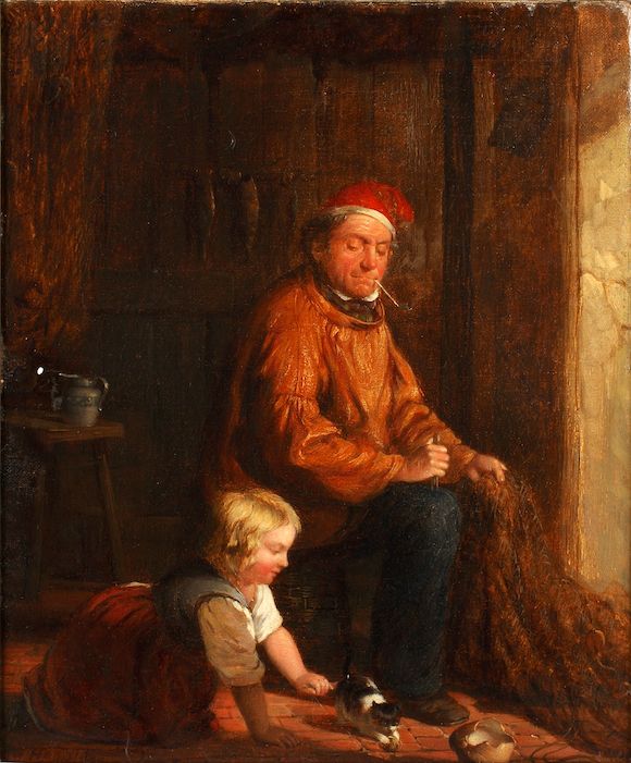 Bonhams : William Hemsley (British, 1819-1893) A sailor mending nets, a ...