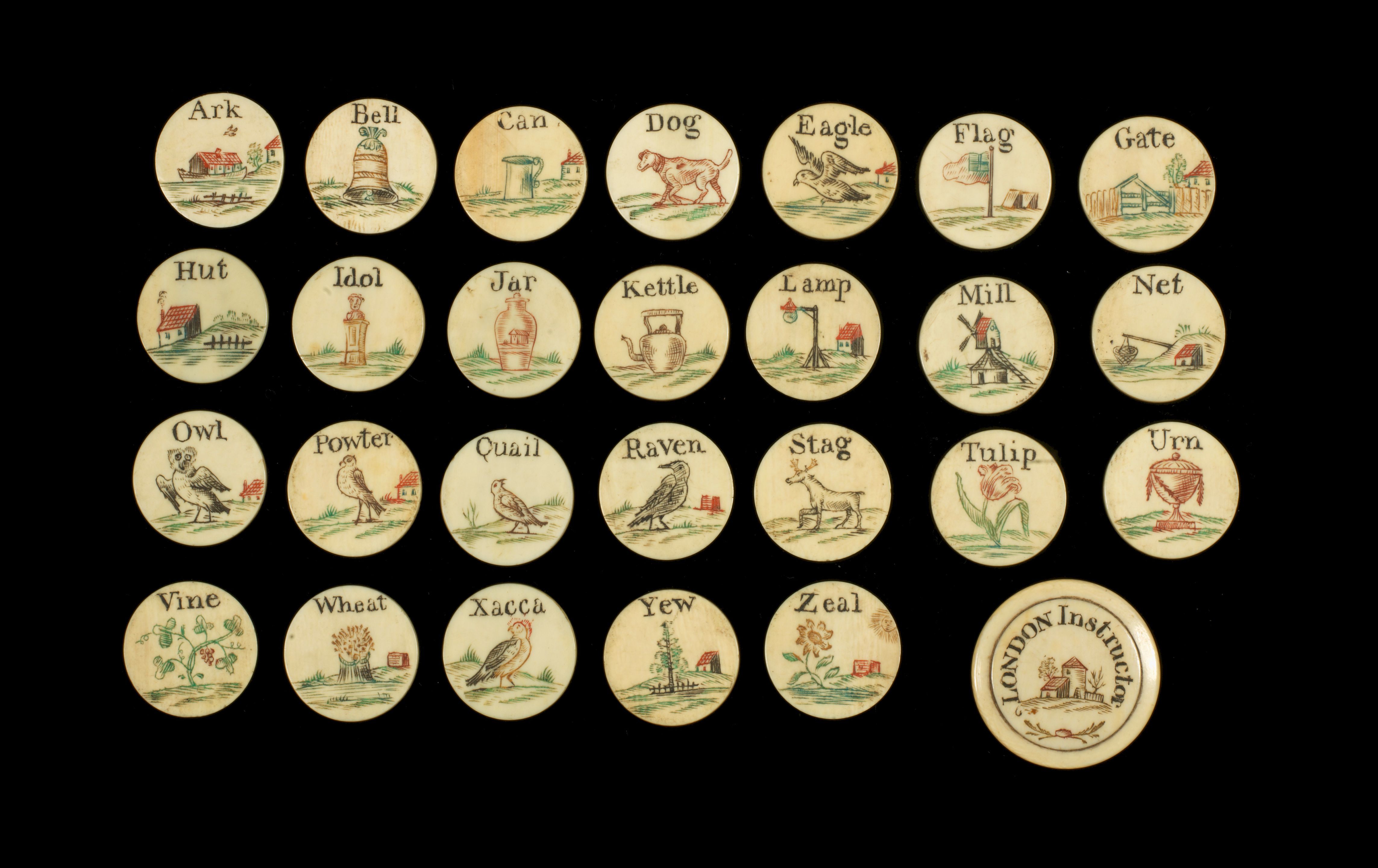 Bonhams : Cased set of 19th century ivory alphabet picture discs
