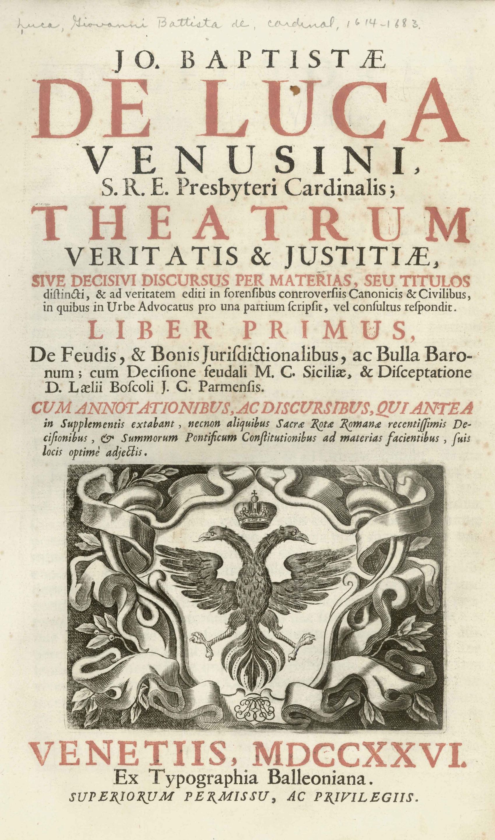 Bonhams : DE LUCA (GIOVANNI BATTISTA) Theatrum veritatis & justitiae ...