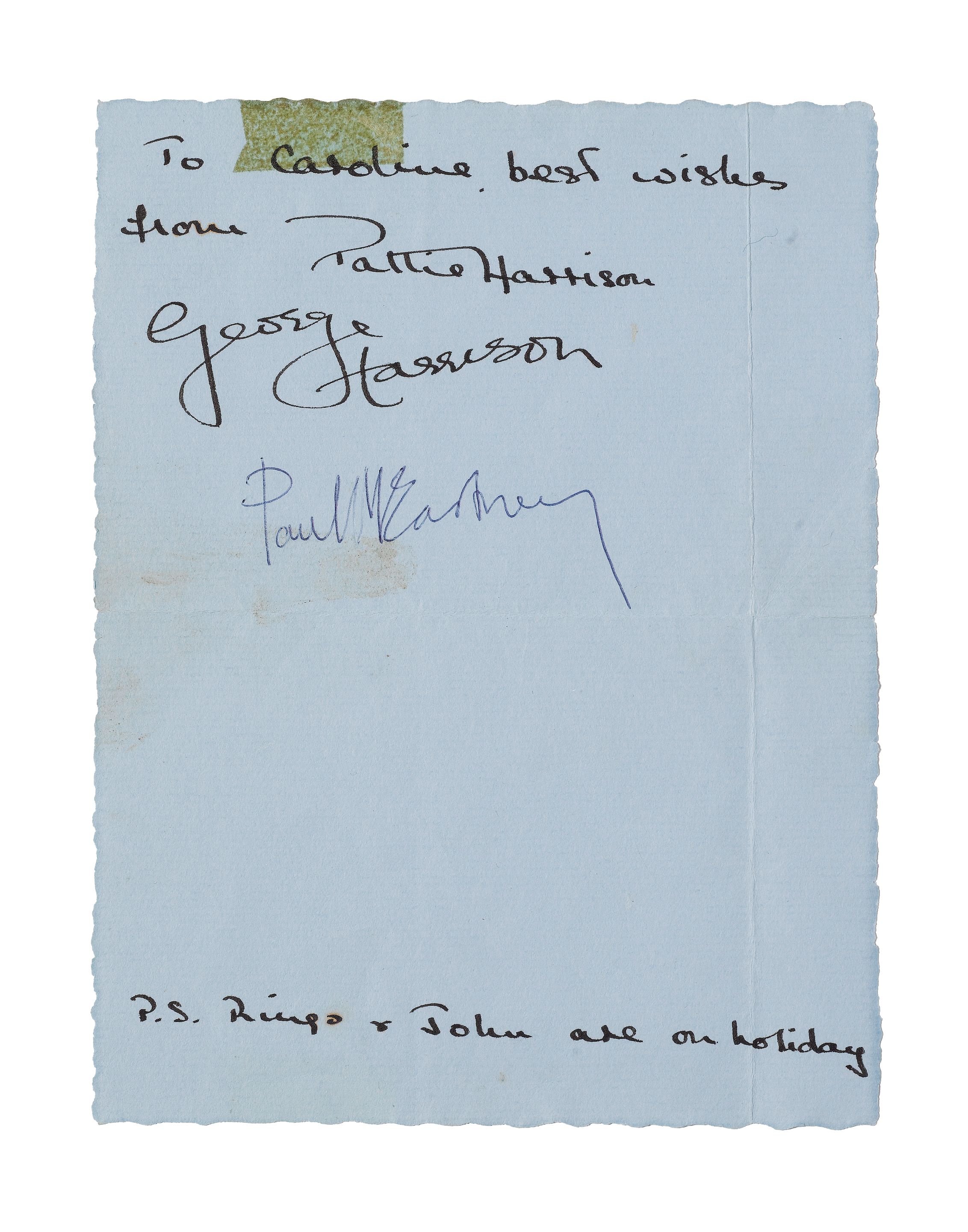 Bonhams : George Harrison A note from George and Pattie Harrison, 1960s,