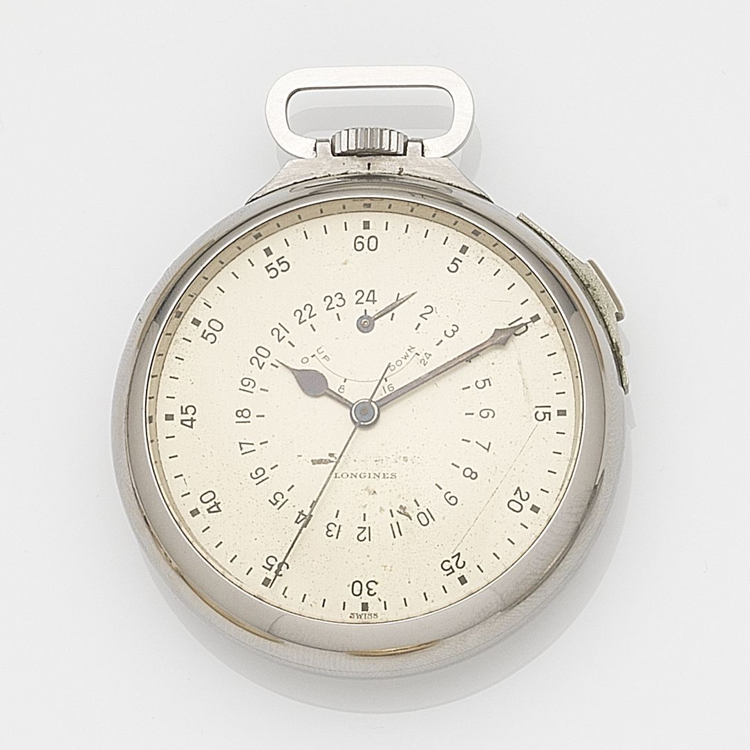 Bonhams : Longines. A stainless steel keyless wind open face deck watch ...
