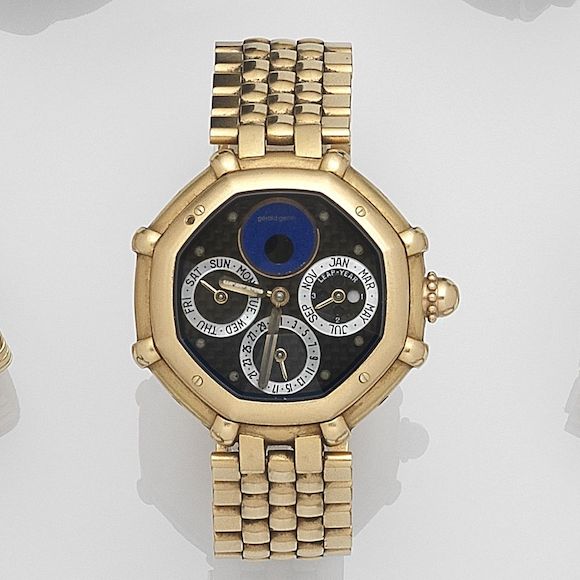 Bonhams : Gerald Genta. An 18ct gold quartz perpetual calendar bracelet watch with moonphase ...