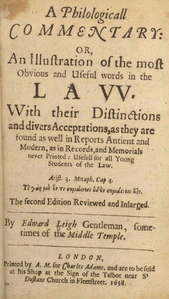 Bonhams : LEIGH (EDWARD) A Philologicall Commentary: or, an ...