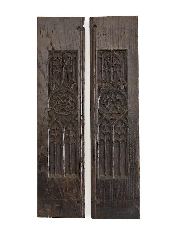 Bonhams : A pair of mid-16th century carved oak tracery panels, French Probably once part of a ...