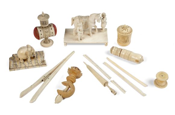 Bonhams : An Indian carved ivory figure group together with a ...