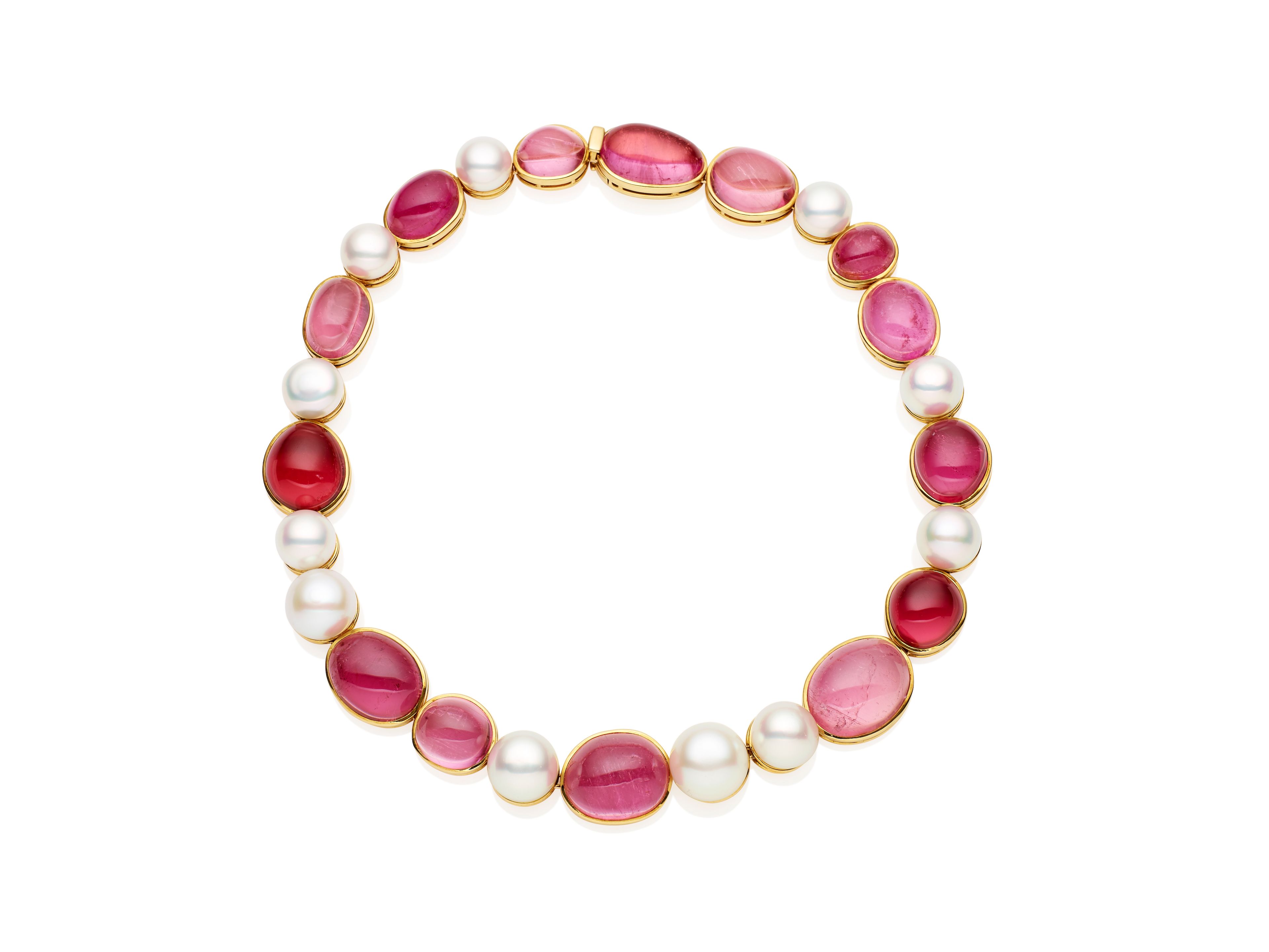 Bonhams : An 18 carat gold, tourmaline and cultured pearl necklace, by ...
