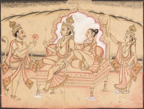 Bonhams : Rama and Sita seated on a charpoi, with an attendant behind ...