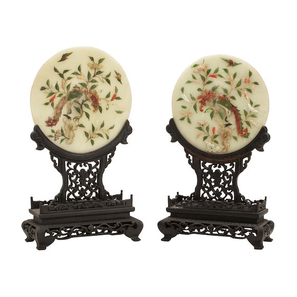 Bonhams : A pair of jade inlaid screens 19th century