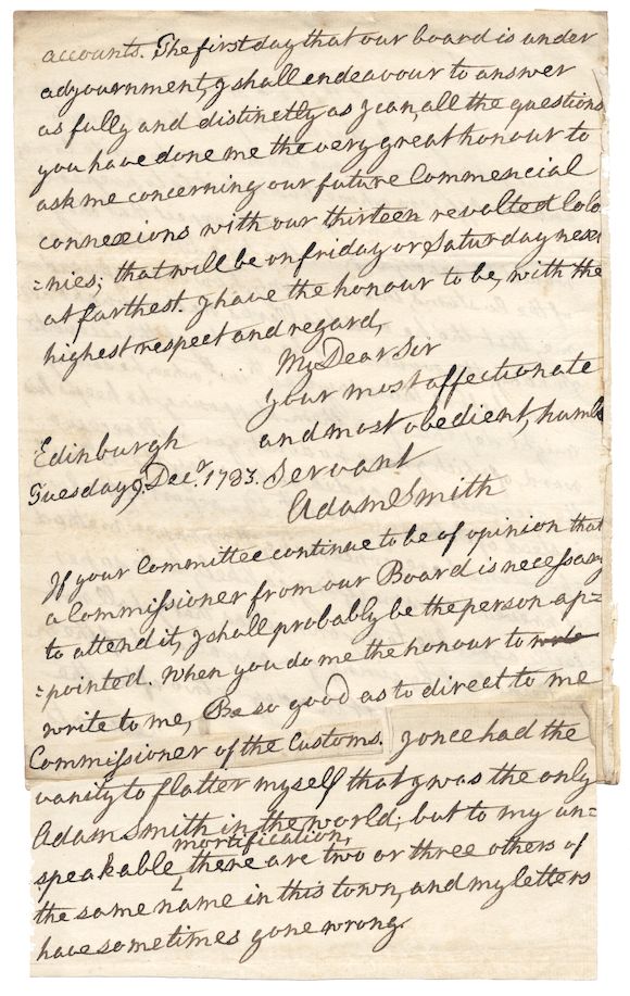 Bonhams : SMITH (ADAM) Autograph letter signed (Adam Smith), Edinburgh ...