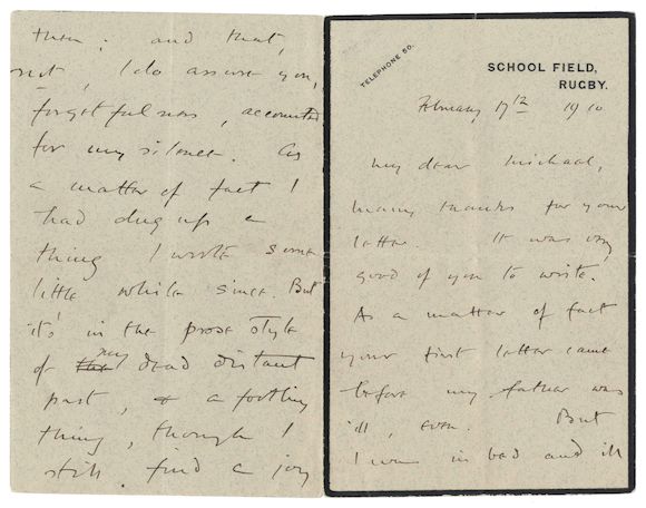 Bonhams : BROOKE (RUPERT) Autograph letter signed ("Rupert Brooke"), to ...