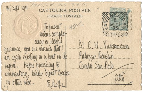 Bonhams : ROLFE (FREDERICK WILLIAM) 'Baron Corvo' Autograph postcard ...