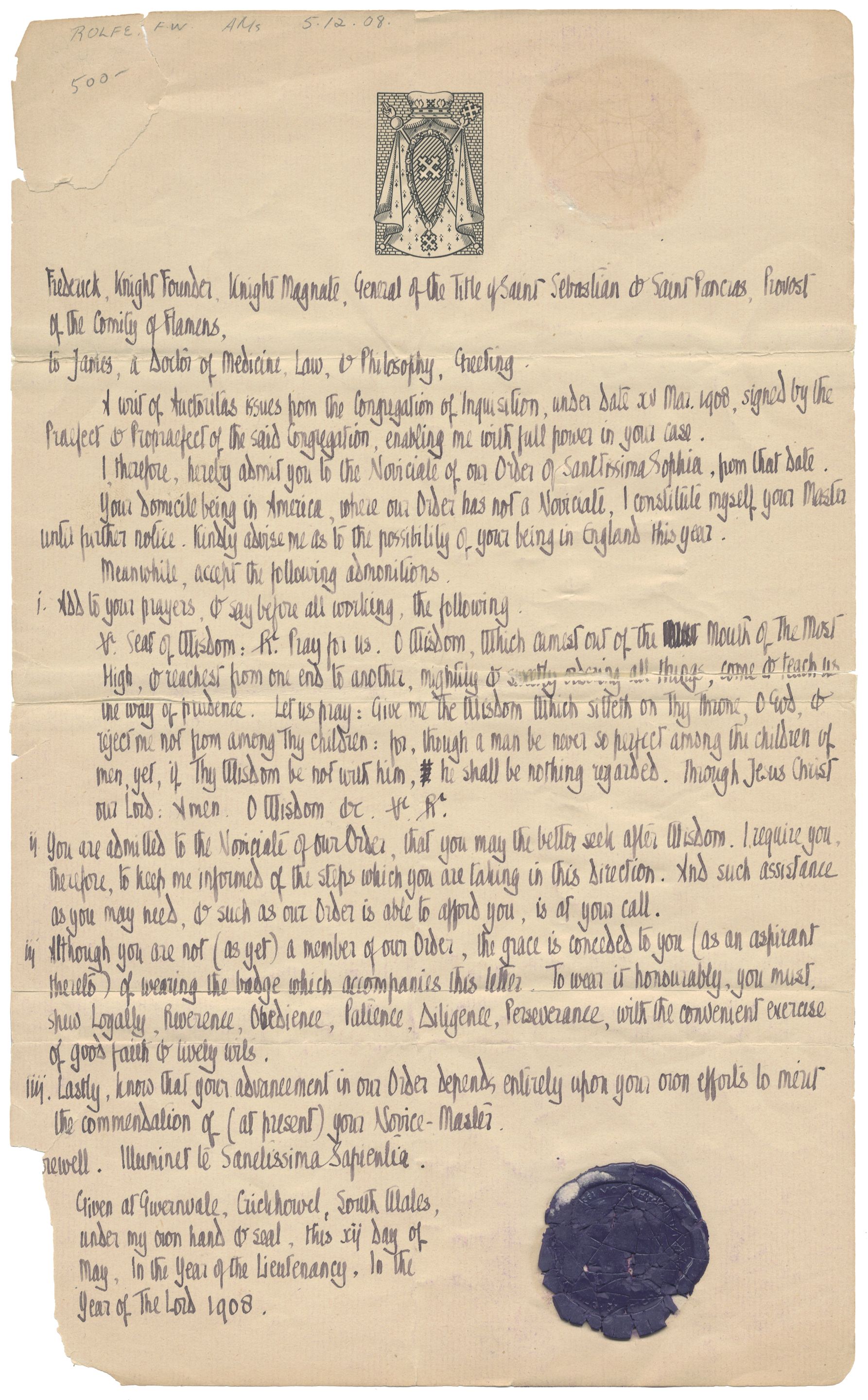 Bonhams : ROLFE (FREDERICK WILLIAM) 'Baron Corvo' Autograph letters ...