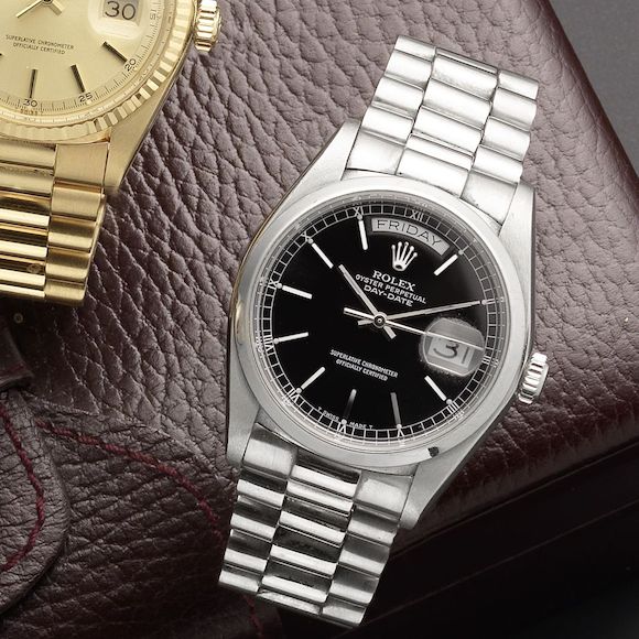 Bonhams : Rolex. A fine and rare platinum automatic calendar bracelet ...