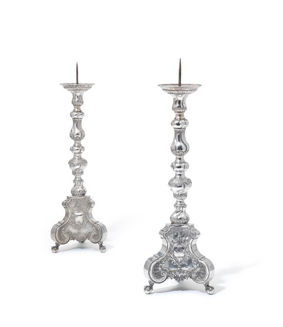 Bonhams : A pair of 18th century silver altar pricket candlesticks ...