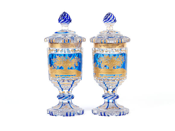 Bonhams A Pair Of Bohemian Blue Flashed Glass Vases And Covers Circa