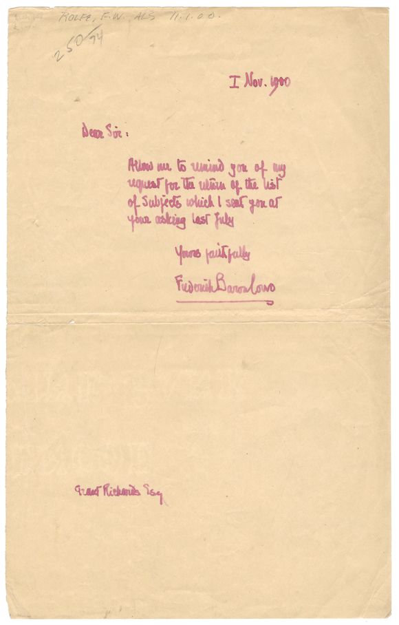 Bonhams : ROLFE (FREDERICK WILLIAM) 'Baron Corvo' Autograph letter ...