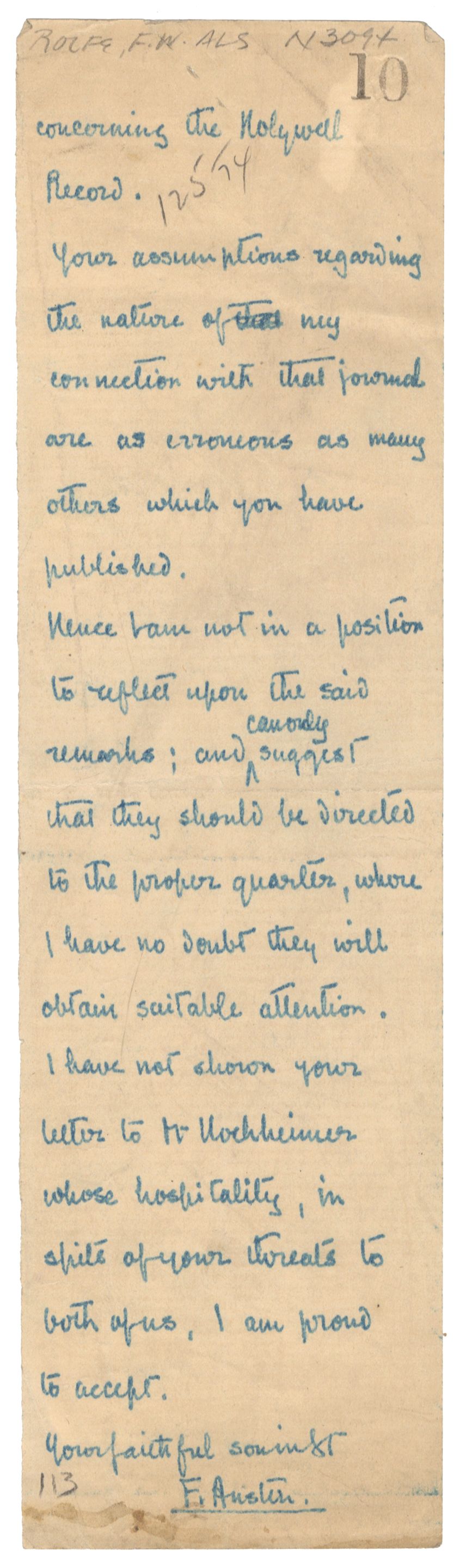 Bonhams : ROLFE (FREDERICK WILLIAM) 'Baron Corvo' Carbon copy of a ...