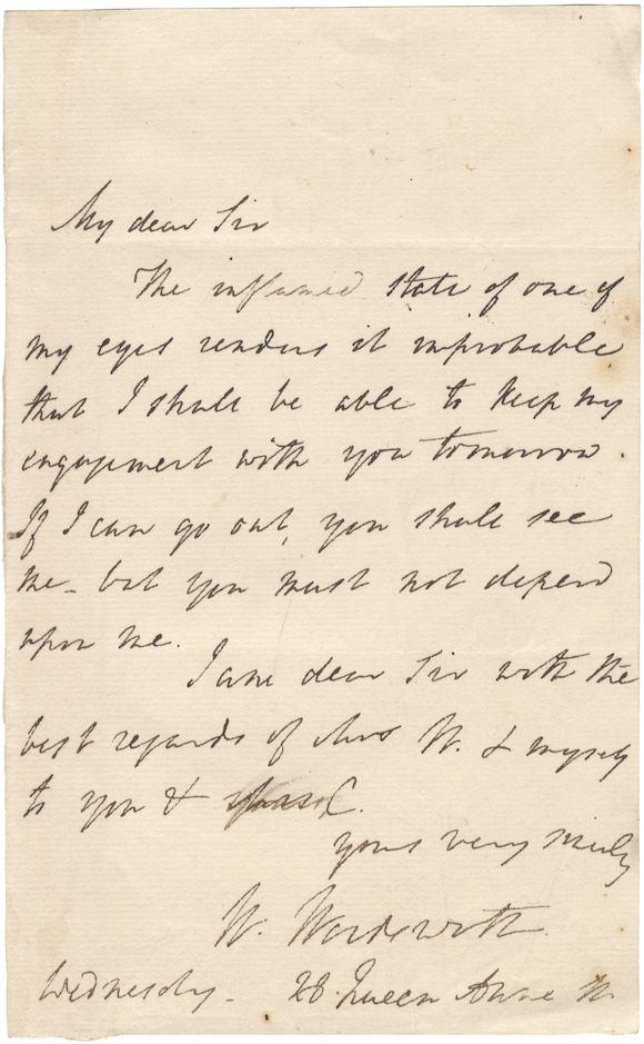Bonhams : WORDSWORTH (WILLIAM) Letter in the handwriting of his wife ...