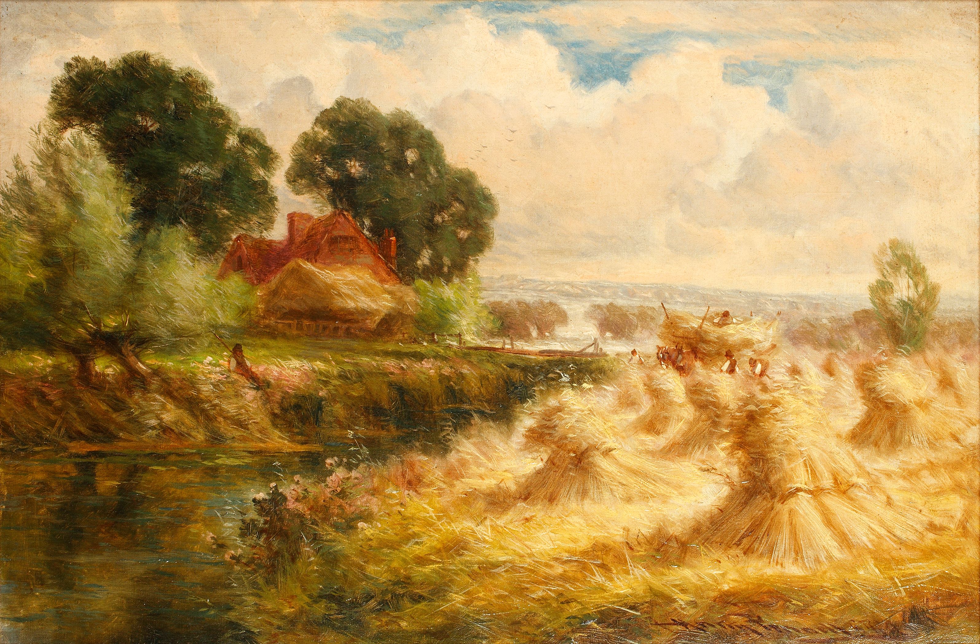 Bonhams : Harry Pennell (British, 1879-1934) Harvesting scene by a river