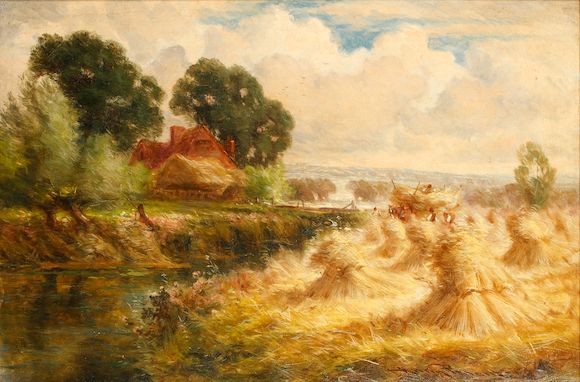 Bonhams : Harry Pennell (British, 1879-1934) Harvesting scene by a river