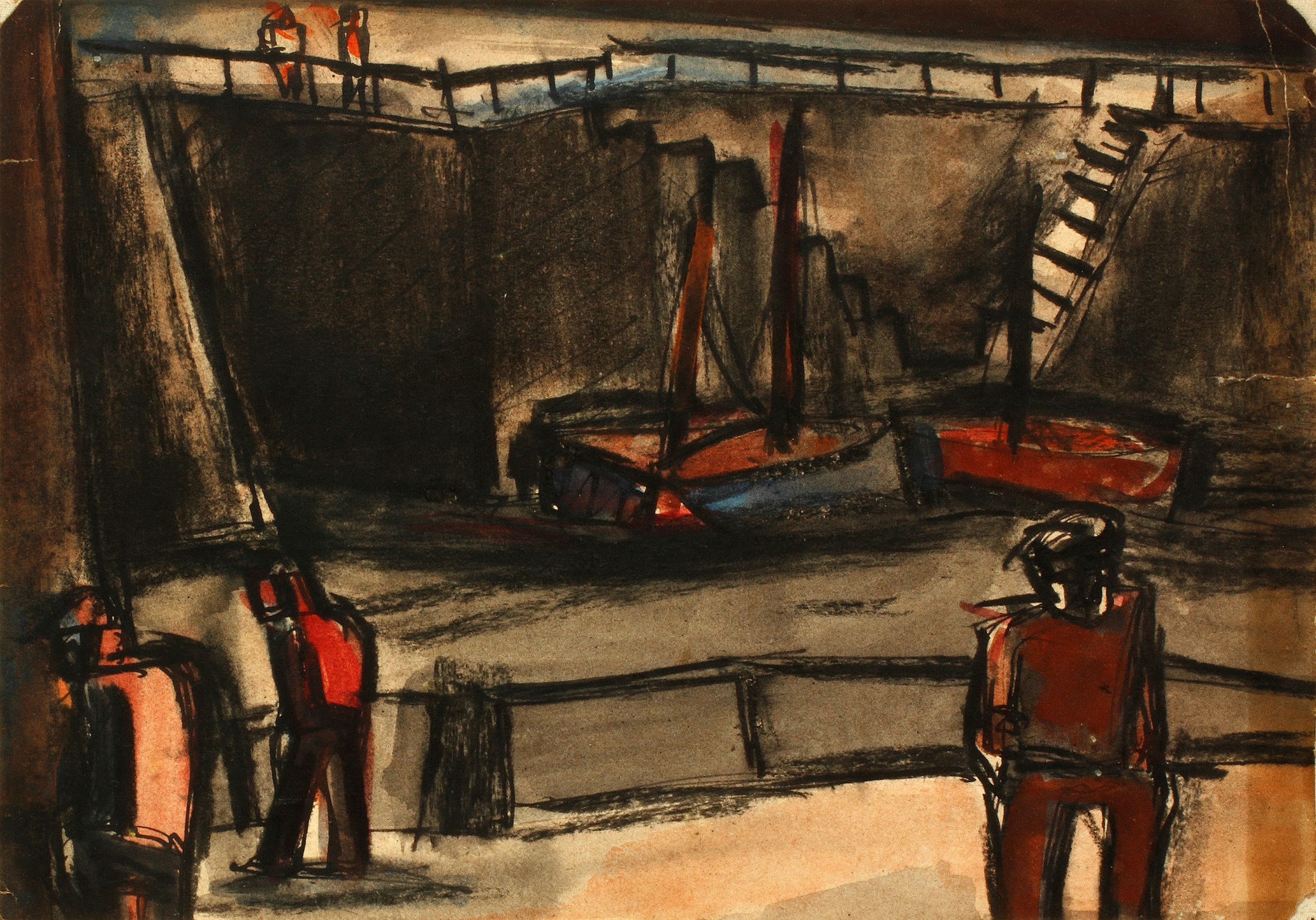 Bonhams : Josef Herman R.A. (British, 1911-2000) Welsh harbour scene