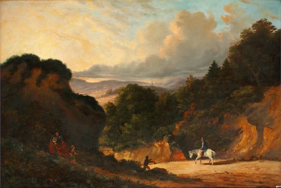 Bonhams : English School, 19th Century Travellers on a country path