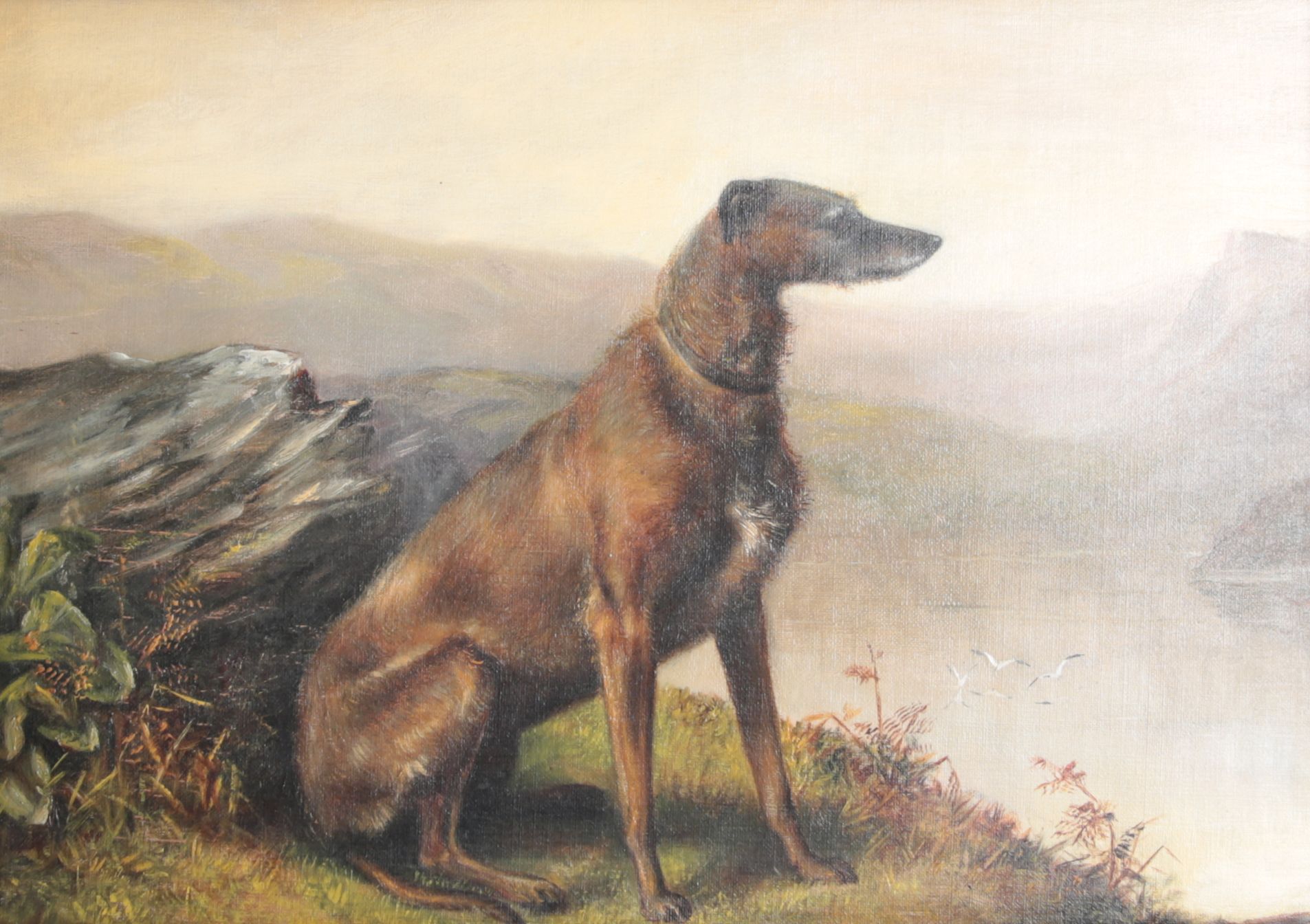 Bonhams : British School, 19th century Hound in a Scottish landscape