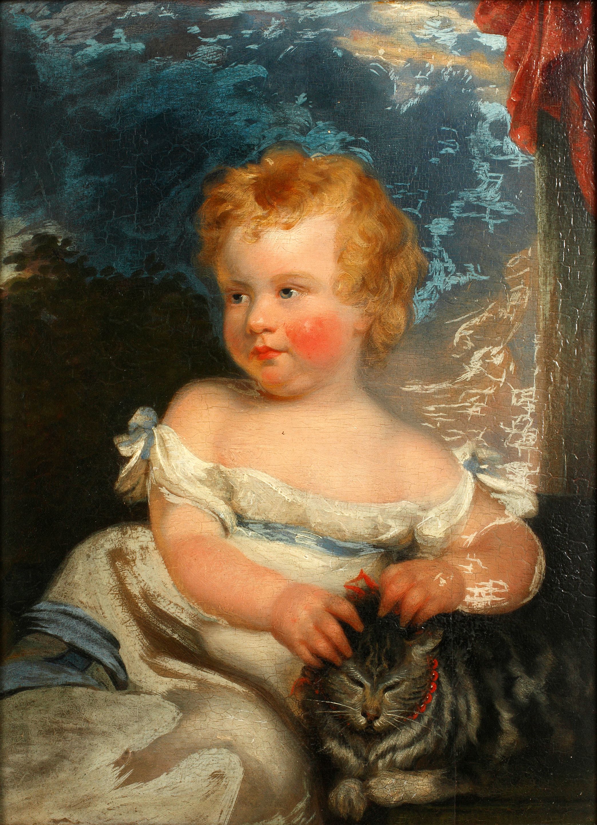 Bonhams : English School, circa 1820 A young child with a cat, before a ...