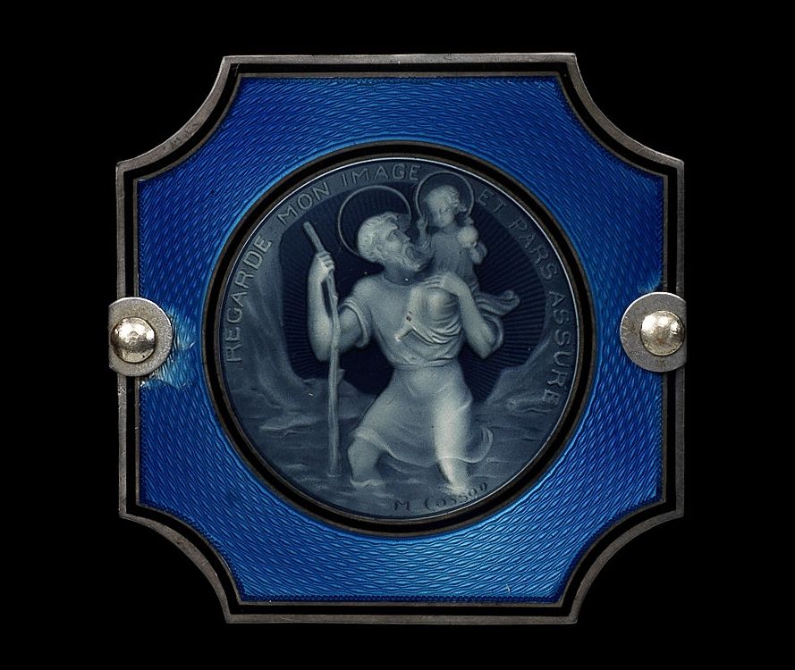 Bonhams Cars : A fine and large silver and enamel St Christopher dashboard plaque,