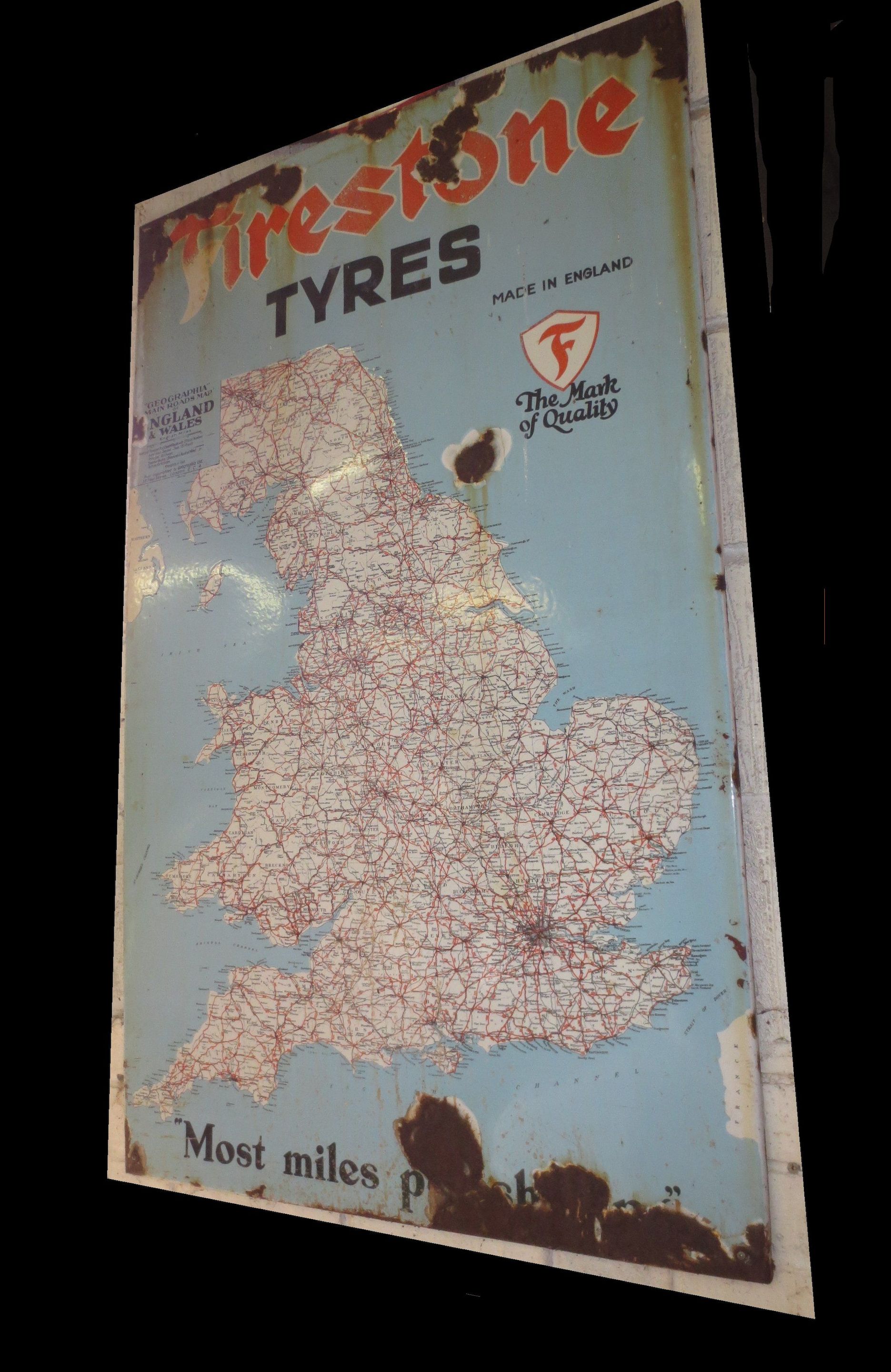 Bonhams Cars : A Firestone Tyres map of England and Wales enamel sign,