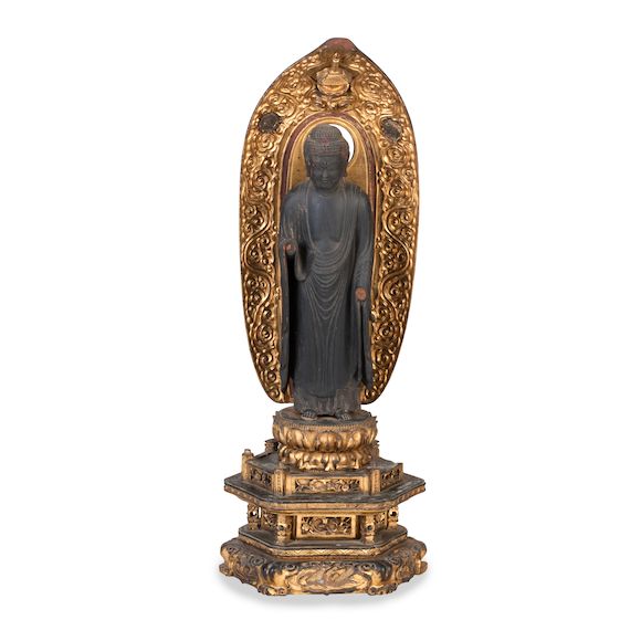 Bonhams : A wood figure of standing Amida Buddha (Amitabha) 19th century