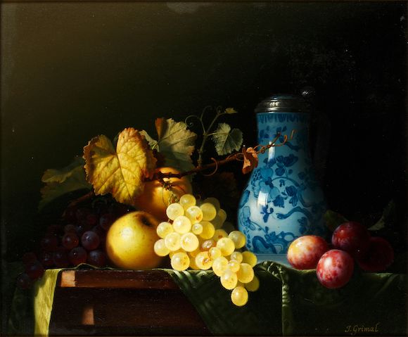 Bonhams : Jean Grimal (French) Grapes, apples and a tankard on a table