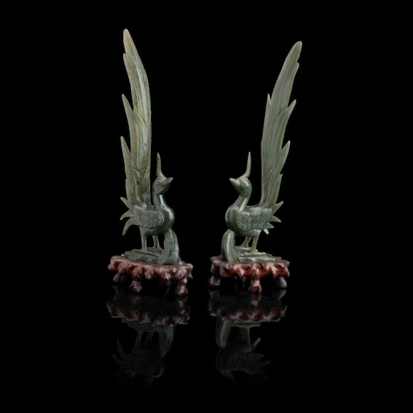 Bonhams : A pair of impressive carved jade birds 19th century