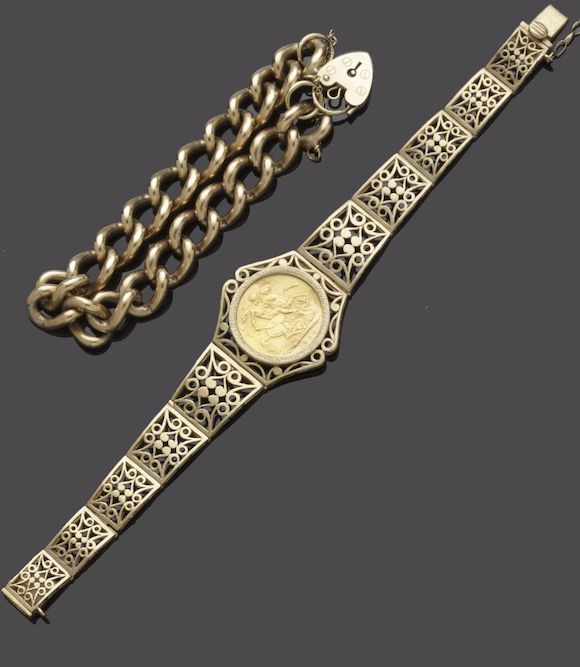 Bonhams : A 9ct gold sovereign set bracelet and a 9ct gold curb-link ...