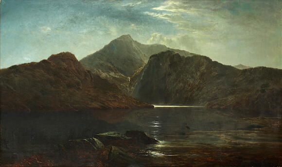 Bonhams : Albert Gilbert (British, late 19th century) A moonlit mountain lake landscape with heron