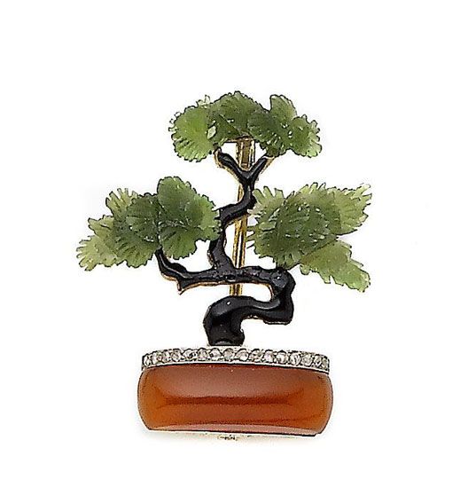 Bonhams : An enamel and gem-set 'bonsai' tree brooch,