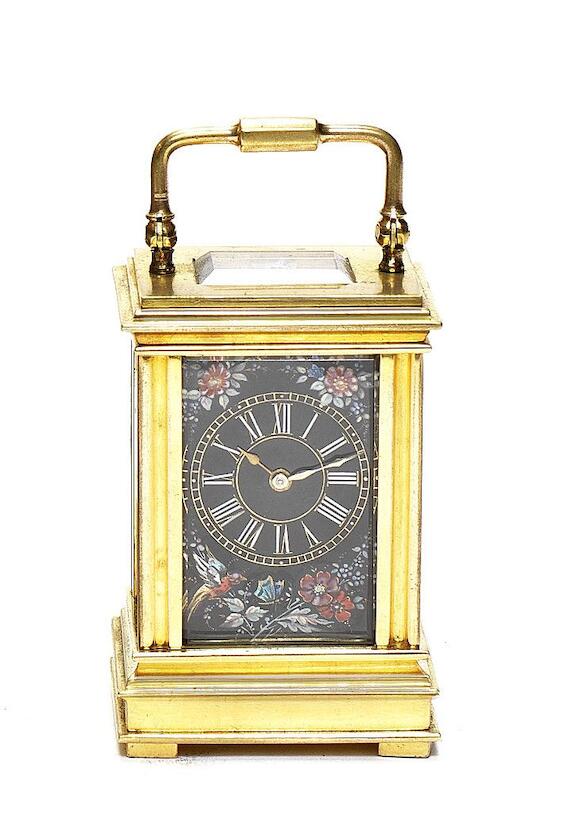 Bonhams : A late 19th century French Limoges enamel mounted miniature carriage timepiece