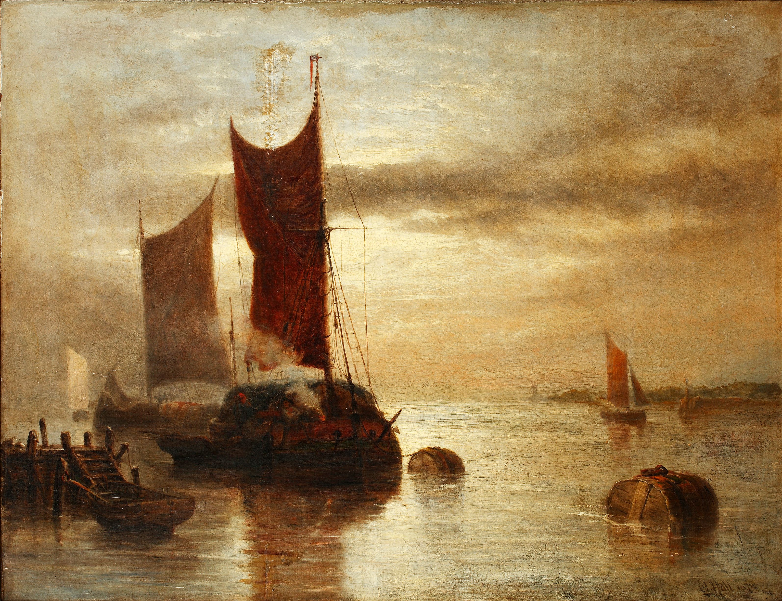 Bonhams : G Hall ((British 19th Century)) Moored barges in an estuary ...
