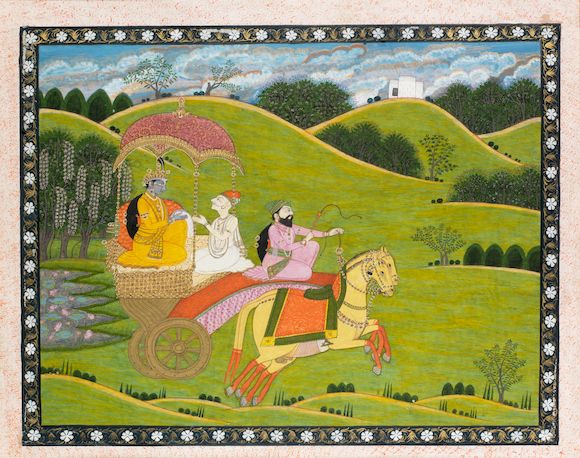 Bonhams : Krishna riding in a chariot reading a letter from Rukmini ...