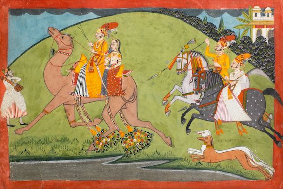 Bonhams : Dola and Maru riding a camel with horsemen and hounds in ...