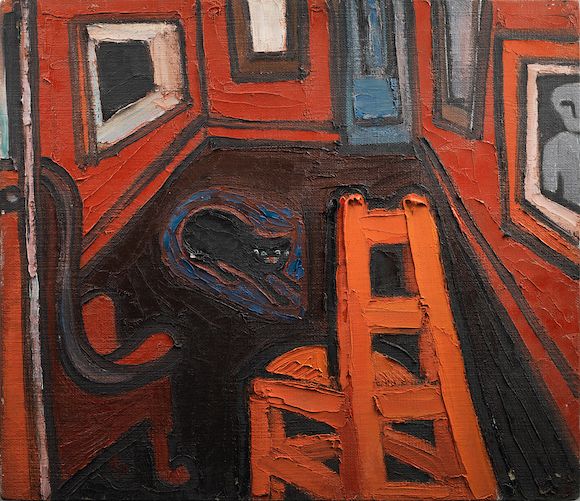 Bonhams : Theodore Major (British, 1908-1999) Cat in a red interior ...