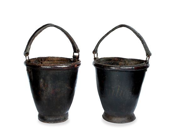 Bonhams : A pair of early 19th century leather fire buckets, English ...