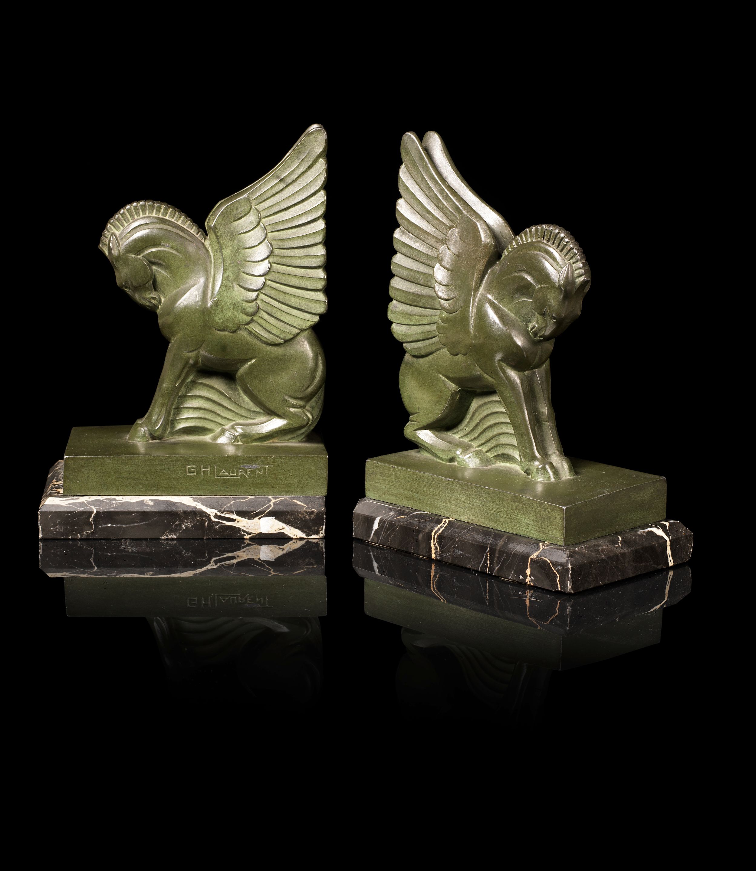 Bonhams : G.H.Laurent A Pair of Art Deco Pegasus Bookends, circa 1930